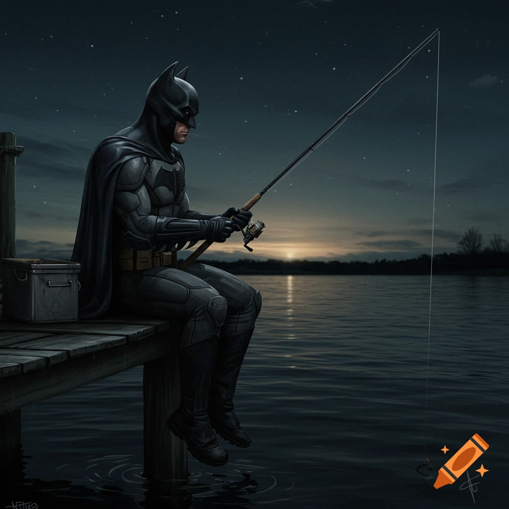 Batman sits on a dock fishing at night. on Craiyon