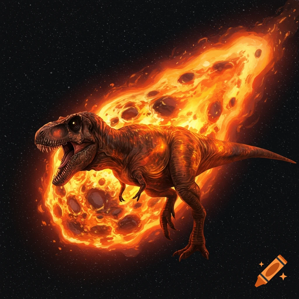 A fiery Tyrannosaurus Rex with the body of a meteor in space. on Craiyon