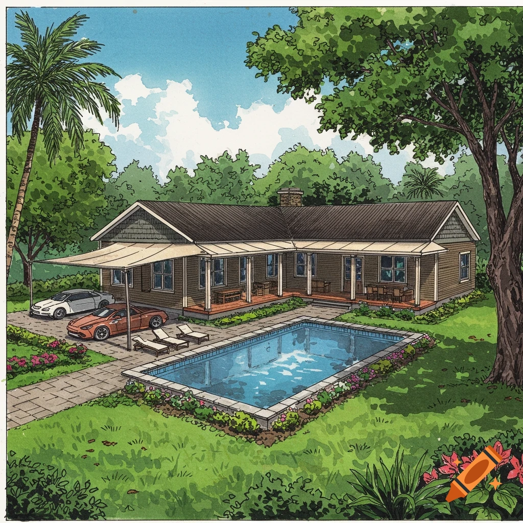 Watercolor-style drawing of a ranch house with a pool, cars, and ...