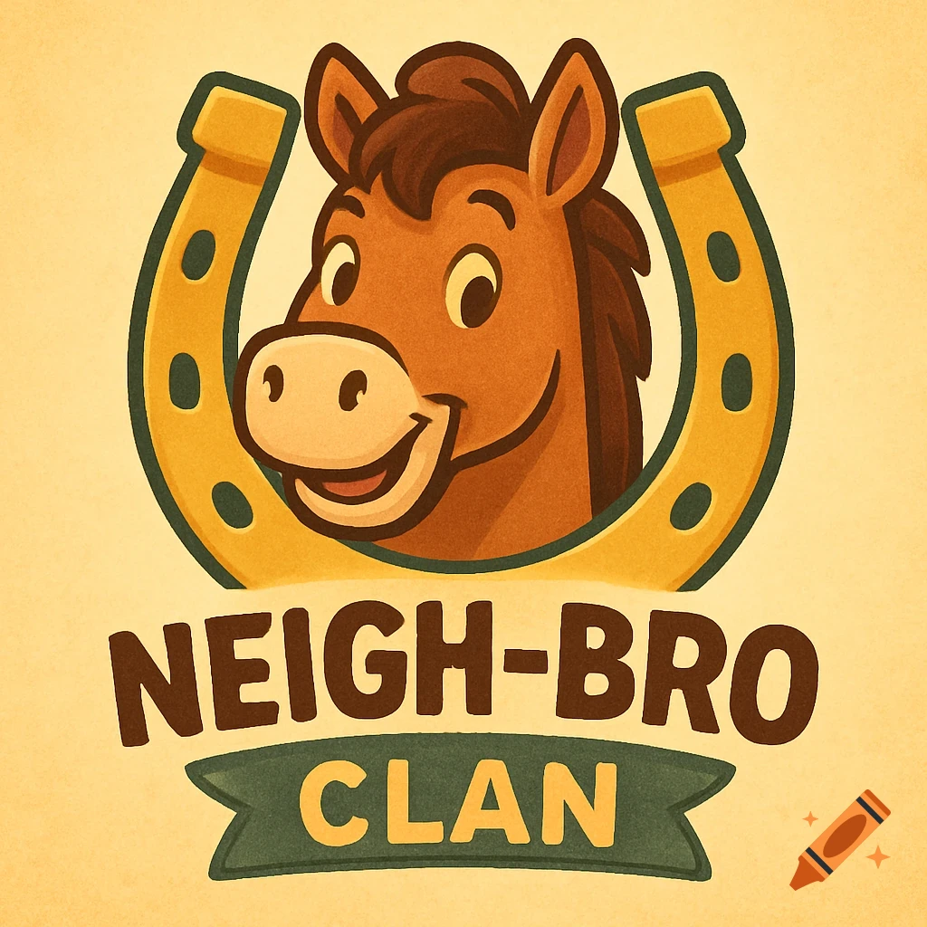 Cartoon horse head logo with horseshoe and "Neigh-Bro Clan" text on Craiyon