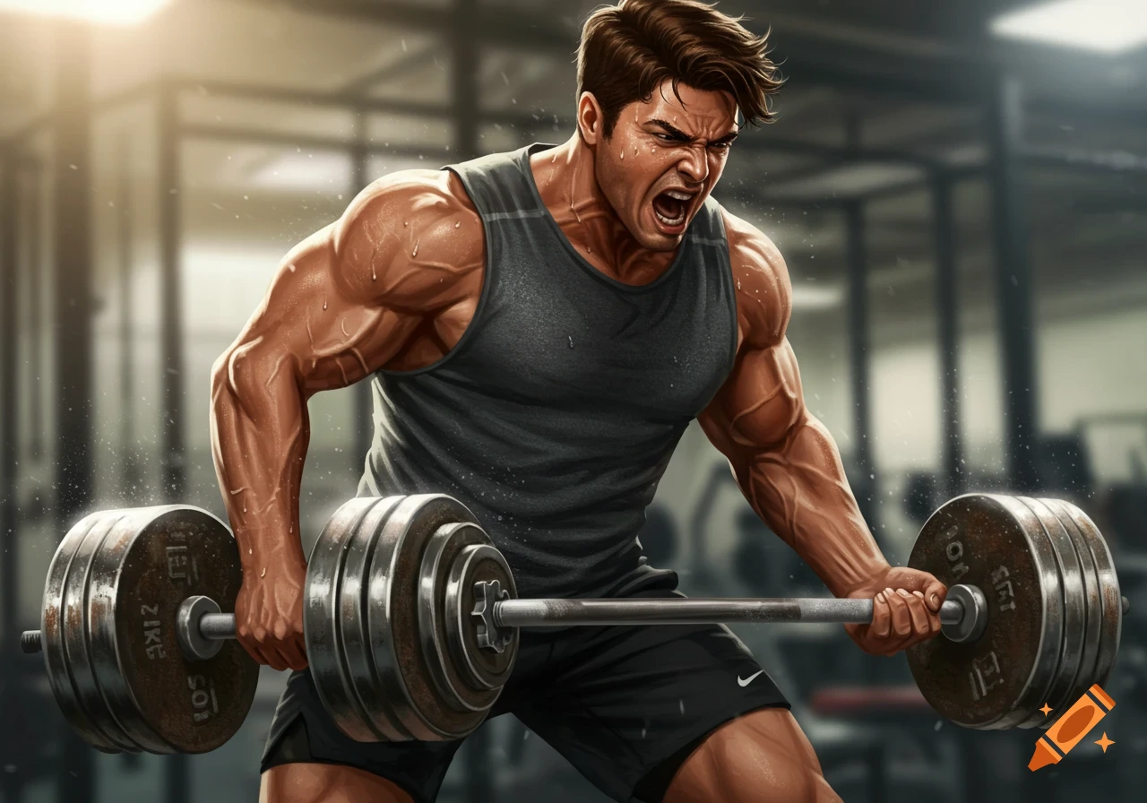 Muscular man straining to lift a heavy barbell in a gym, sweat visible ...