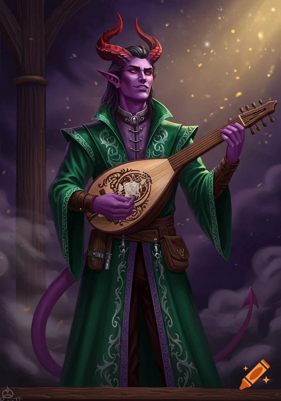 A purple-skinned Tiefling bard with red horns plays a lute, wearing a ...