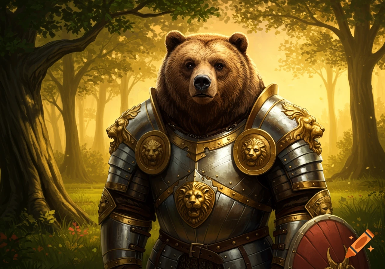 Bear wearing ornate silver and gold armor with lion details in a sunlit ...