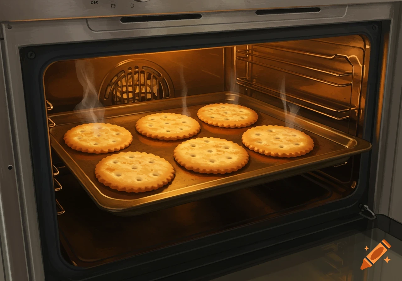 Ritz crackers on a baking sheet inside a lit oven. on Craiyon