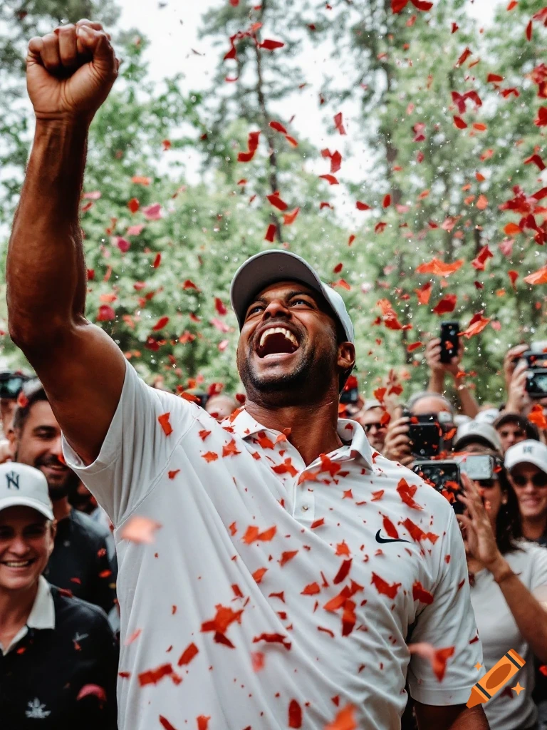 Man celebrates golf victory with raised fist and confetti among a crowd ...
