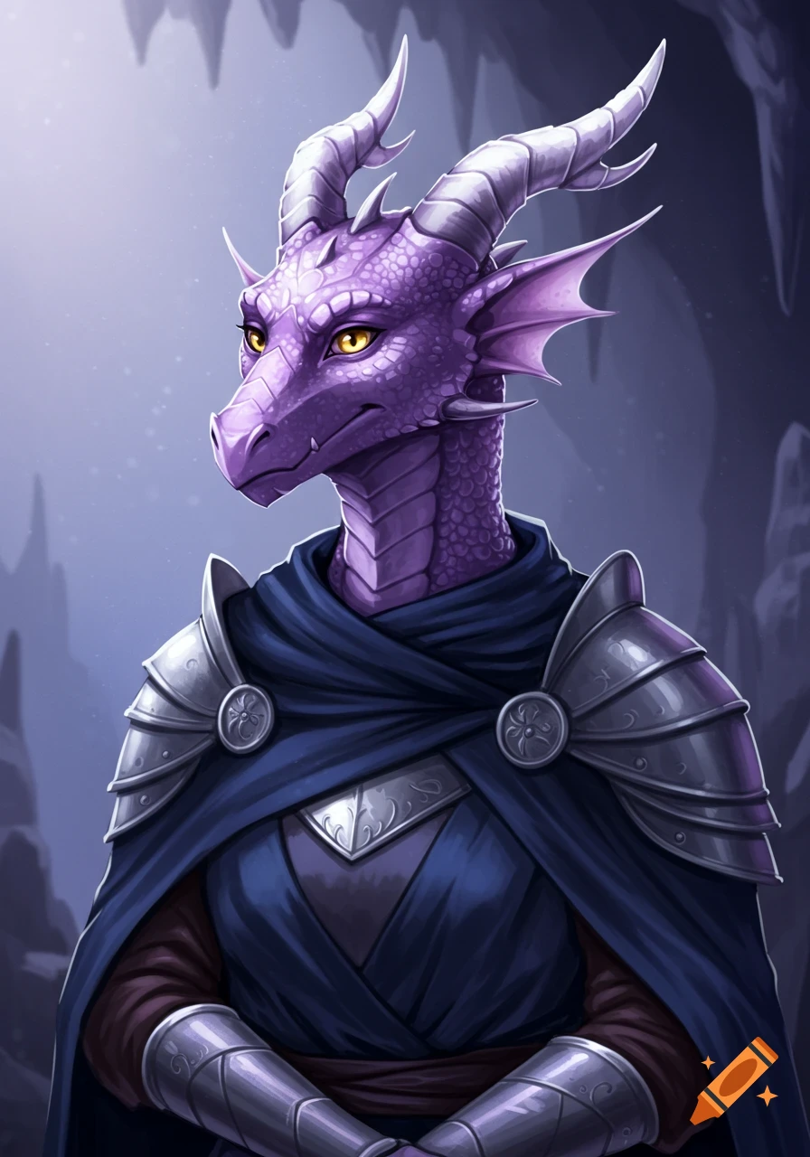 Portrait of a female humanoid dragon with purple scales and golden eyes ...