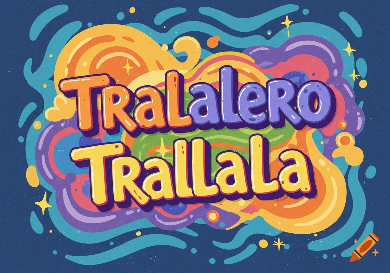 Colorful illustration with stylized text 'TRALALERO TRALLALA' and abstract shapes. on Craiyon