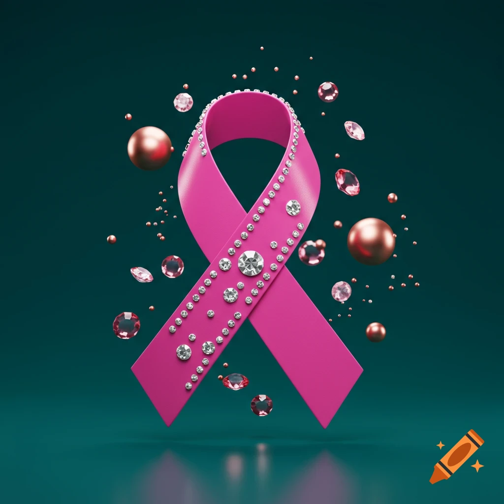 Pink ribbon adorned with sparkling diamonds and crystals, floating with ...