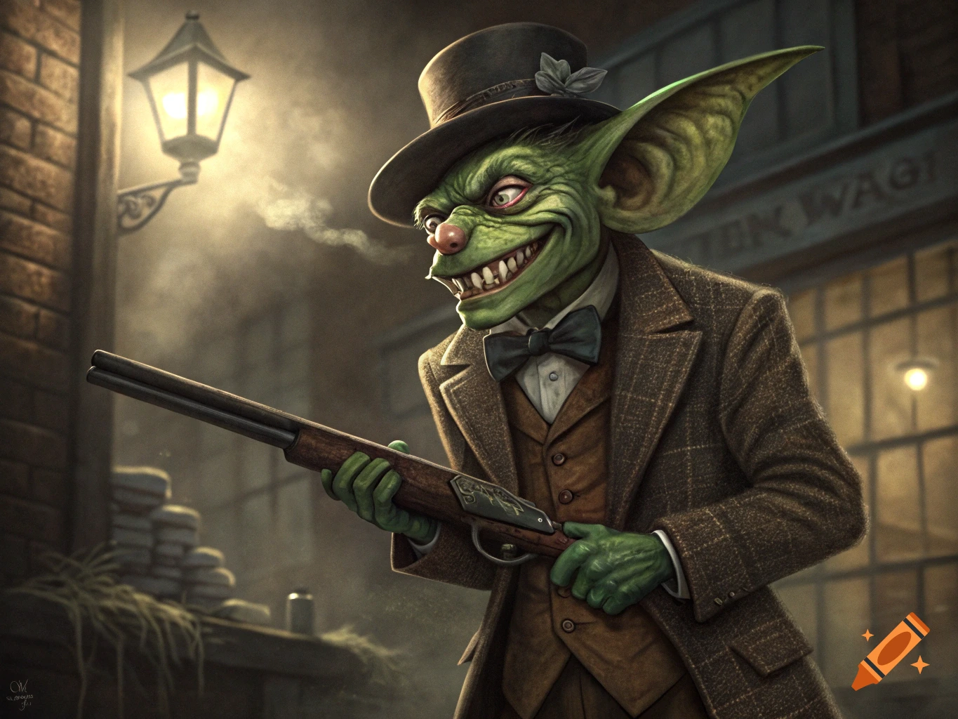 A green goblin in a tweed suit and top hat holds a shotgun on a vintage ...
