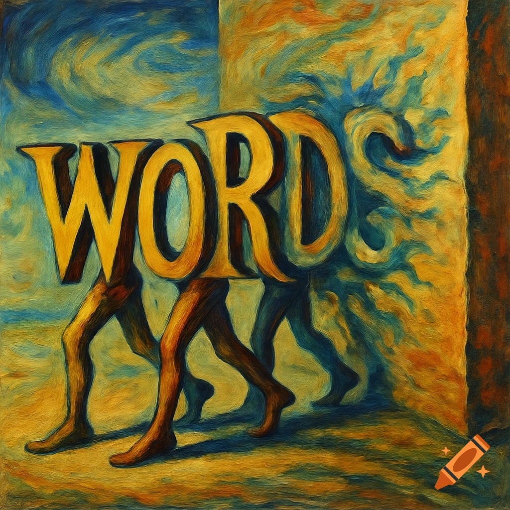 The word 'WORDS' with legs walks through a wall in a surreal, painterly ...