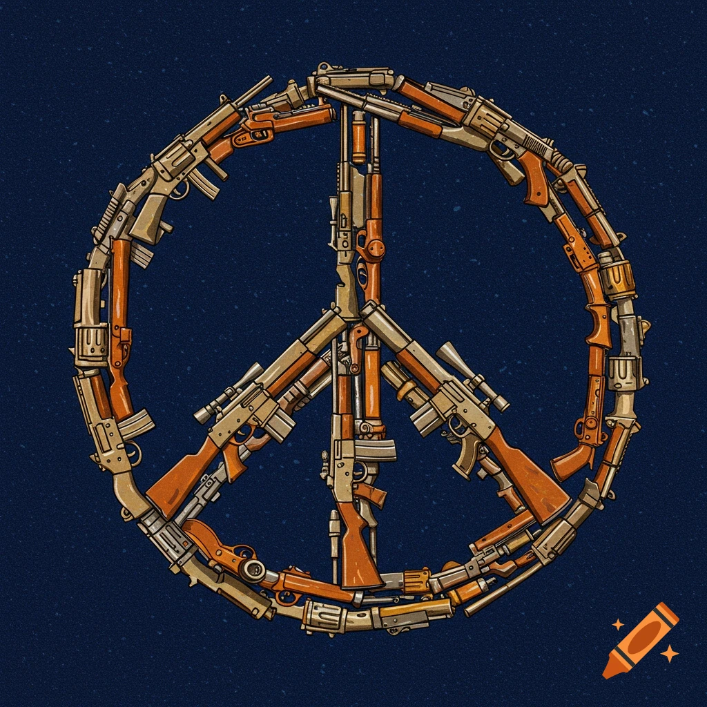 An illustration of a peace sign formed by various guns and rifles on a ...