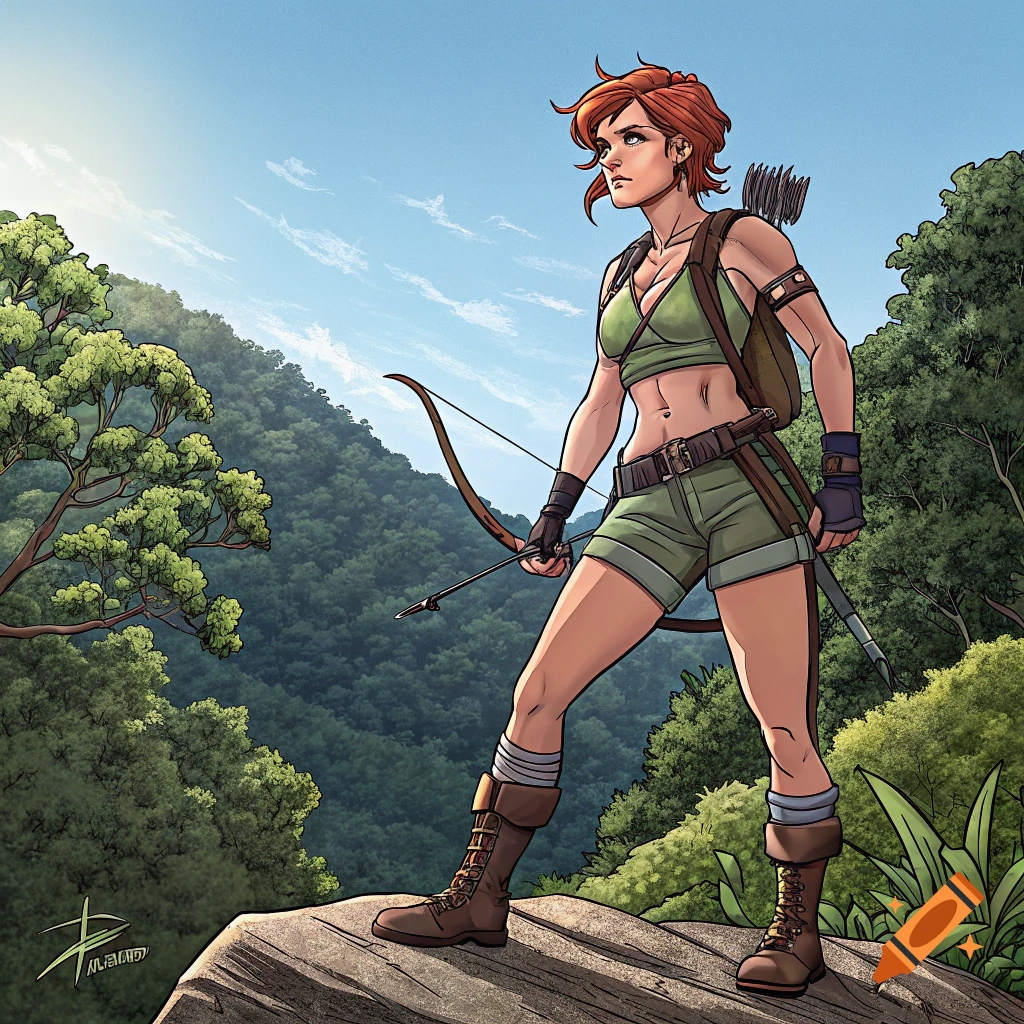 Stylized depiction of a female adventurer with a bow and arrow standing ...