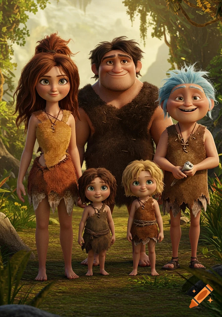 Cartoon family resembling The Croods posing in a jungle on Craiyon