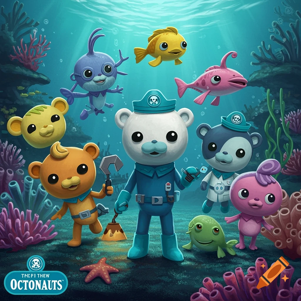 Cartoon Octonauts-like characters underwater with fish and coral. on ...