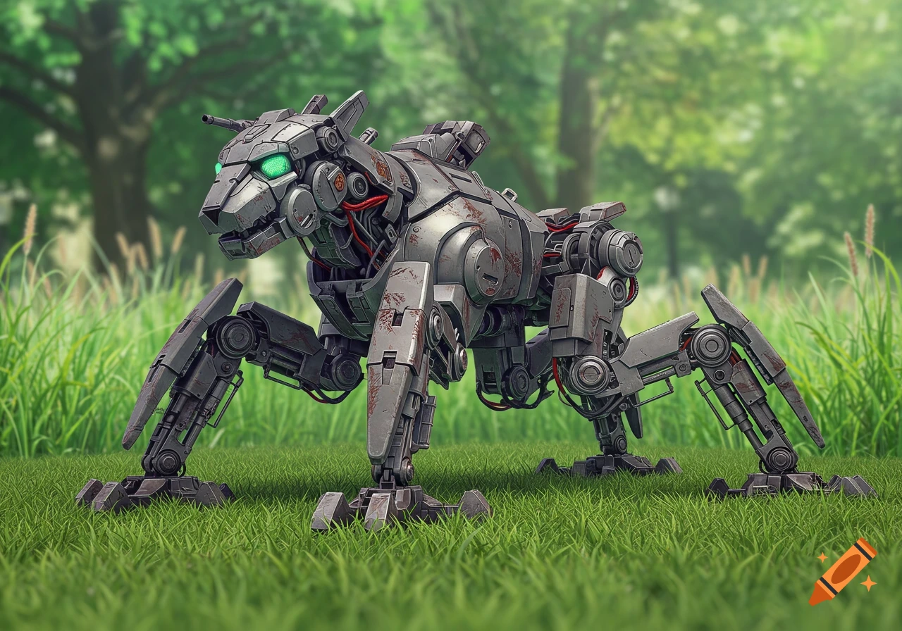 A detailed six-legged robot with a metal body and green eyes stands in ...