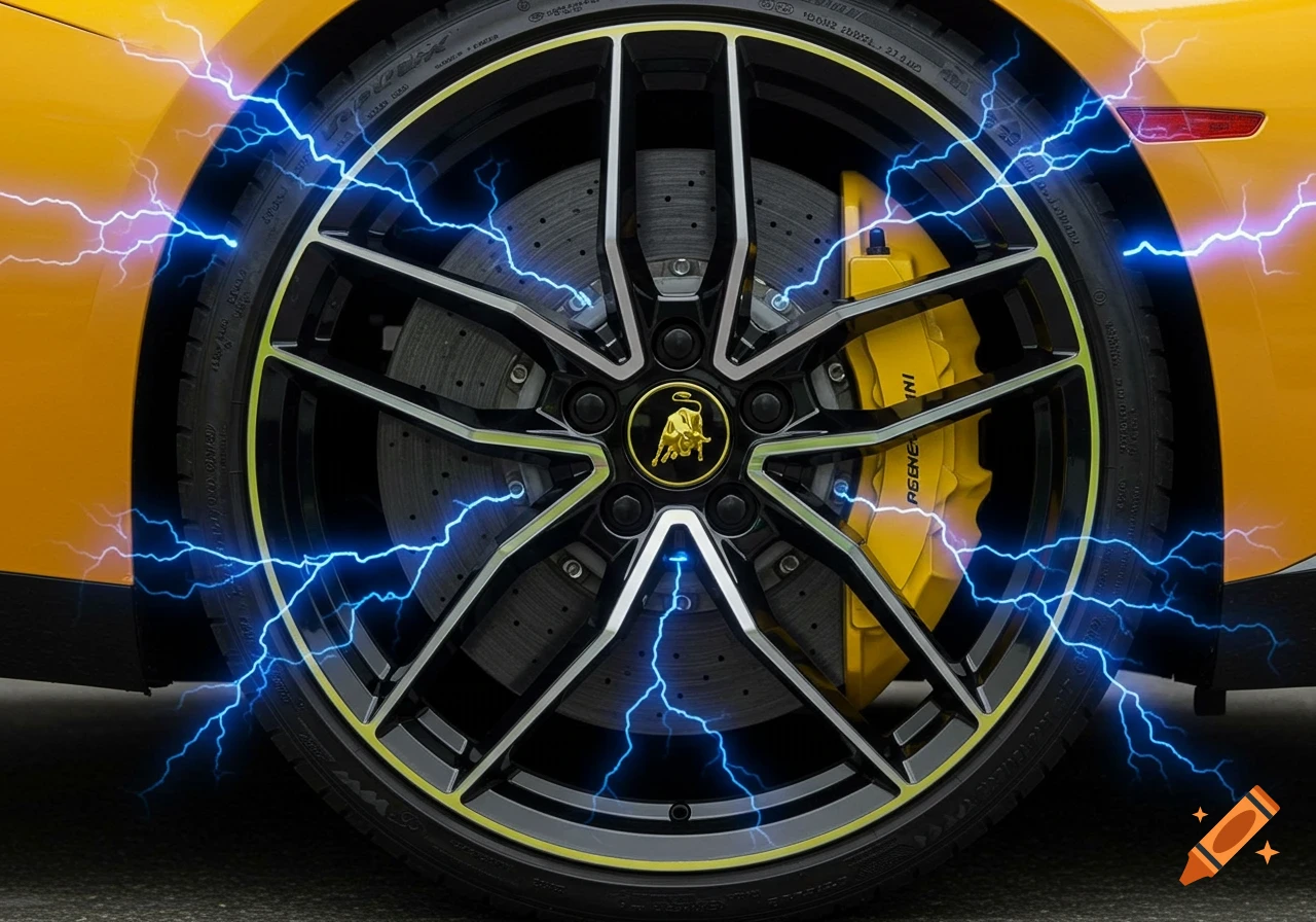Close-up of a yellow Lamborghini wheel with blue lightning. on Craiyon