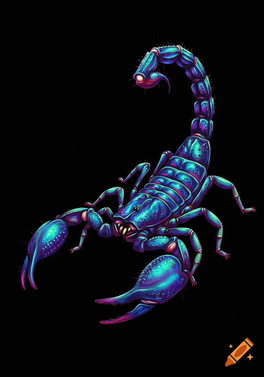 Stylized neon blue and purple scorpion on a black background. on Craiyon
