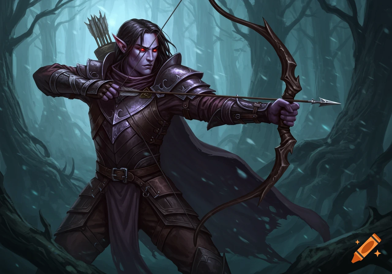 Male Drow ranger in dark fantasy armor aiming a bow and arrow in a ...