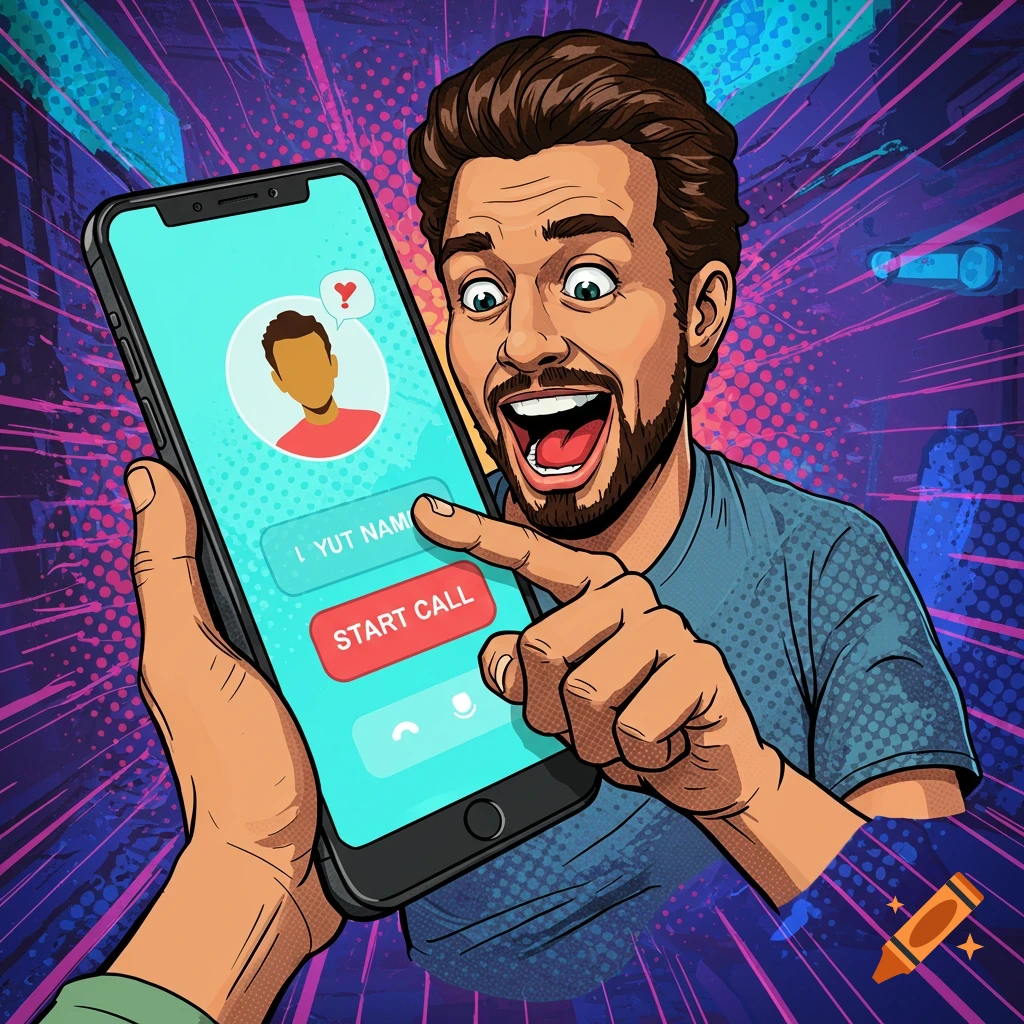 Comic book illustration of a surprised man touching a phone screen to ...