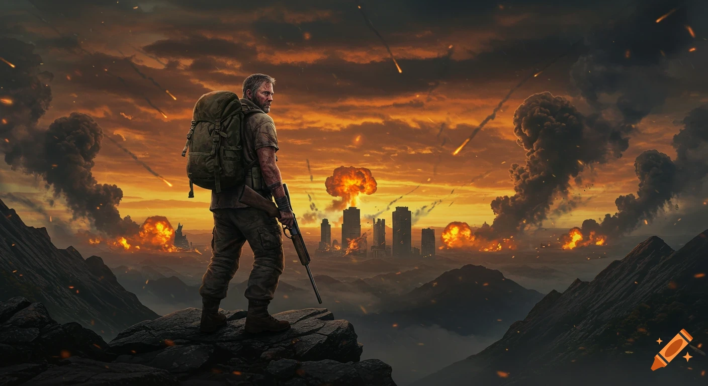 Survivalist stands on mountain overlooking a city under attack with explosions and falling ...