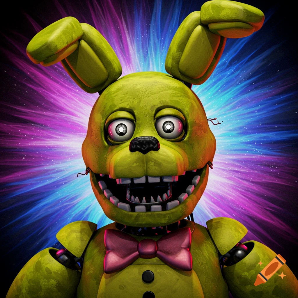 Close-up of a creepy green animatronic rabbit character with glowing ...