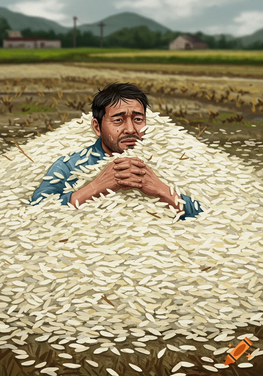 Illustration of a man buried up to his chest in a large pile of rice ...