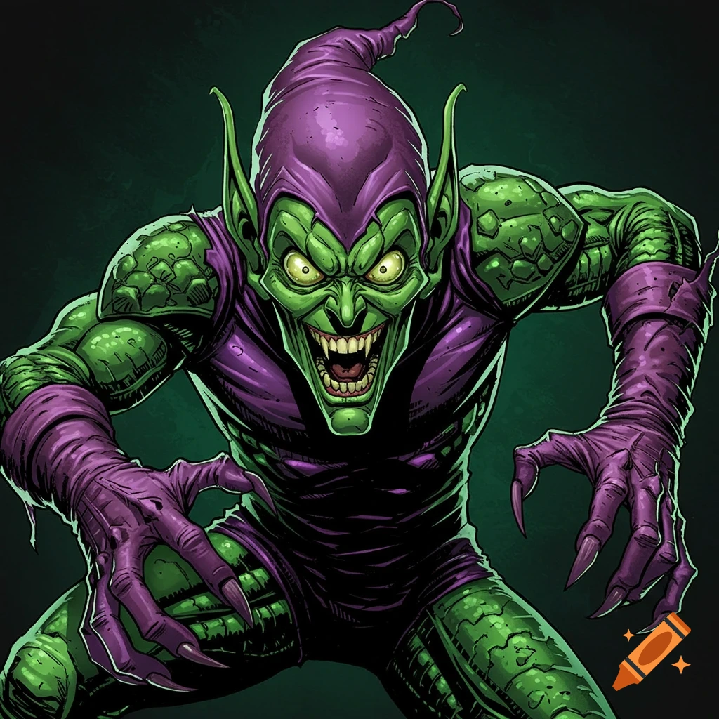 A comic book illustration of the Green Goblin snarling with glowing ...