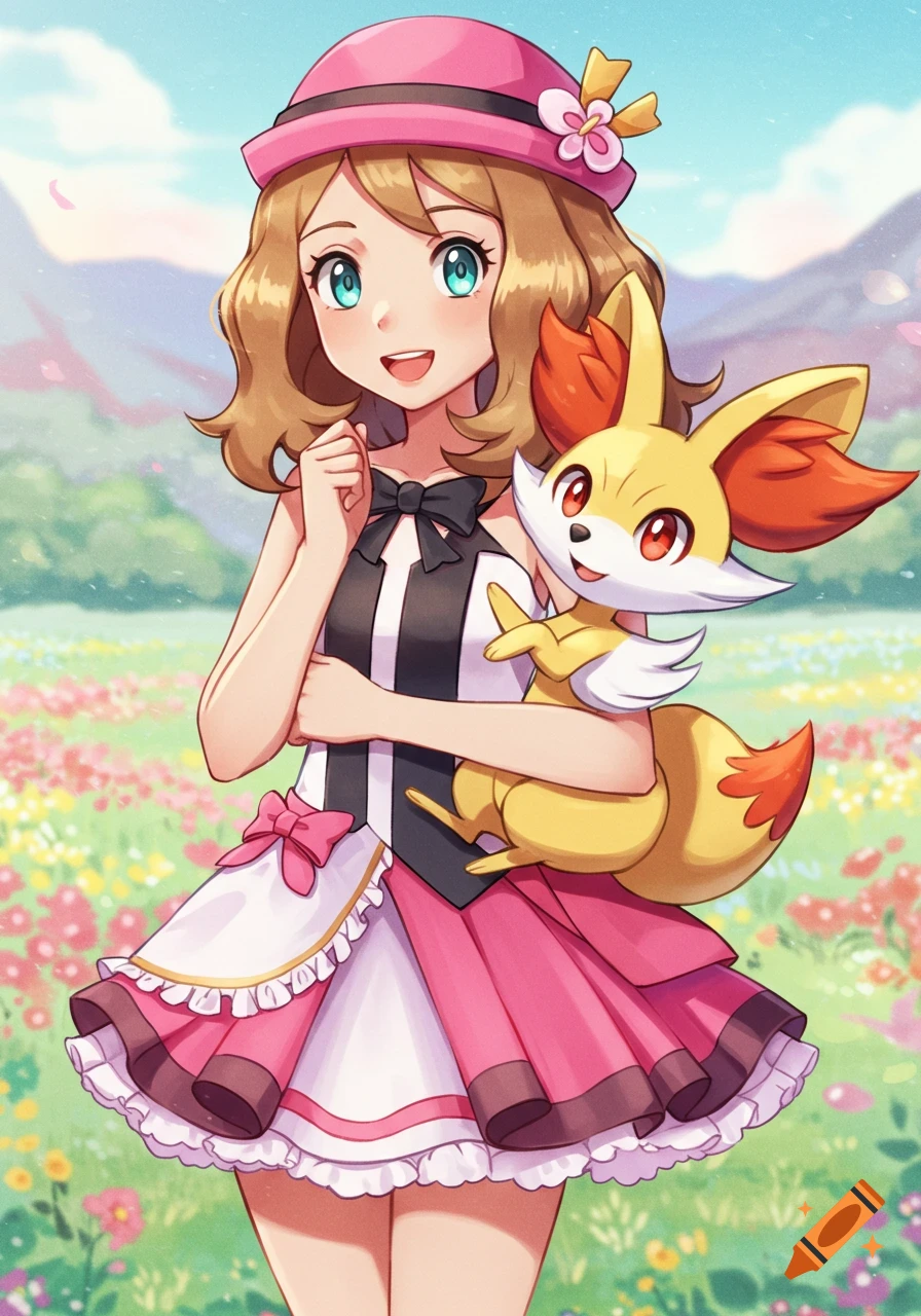 Anime illustration of Serena and Fennekin in a flower field. on Craiyon