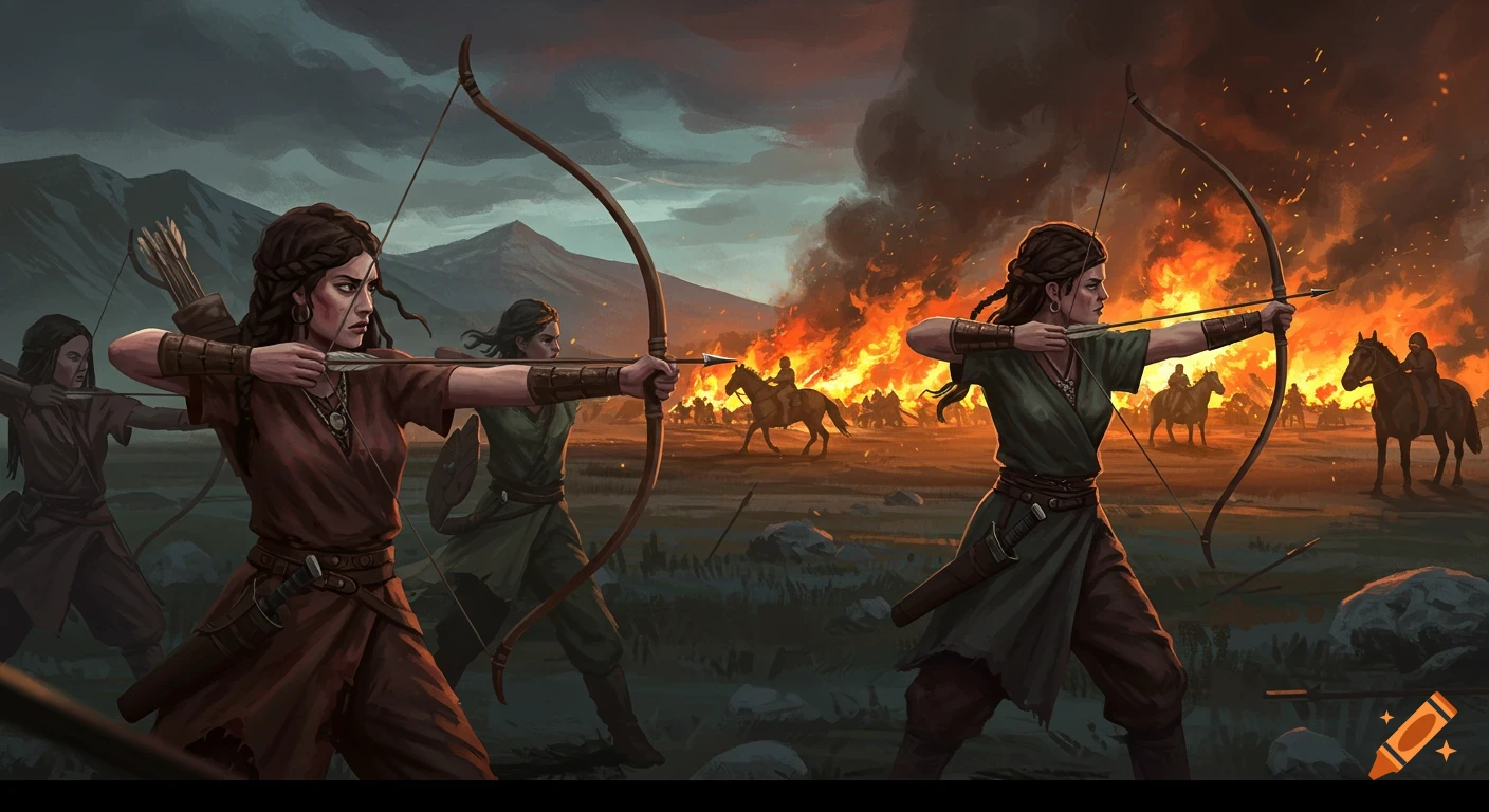Medieval raider women shoot arrows on a battlefield with a burning ...