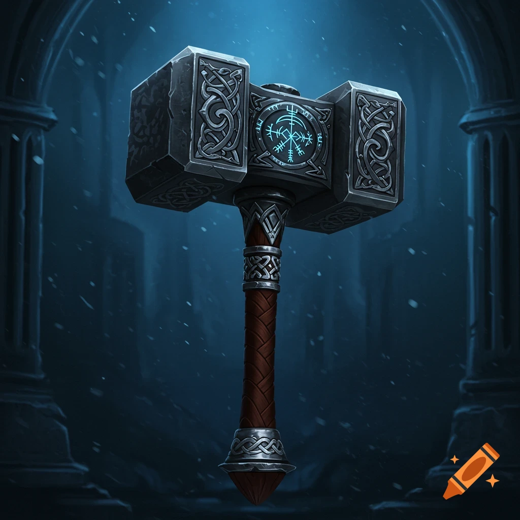 Detailed fantasy war hammer with glowing runes and celtic knotwork in a snowy ruin on Craiyon