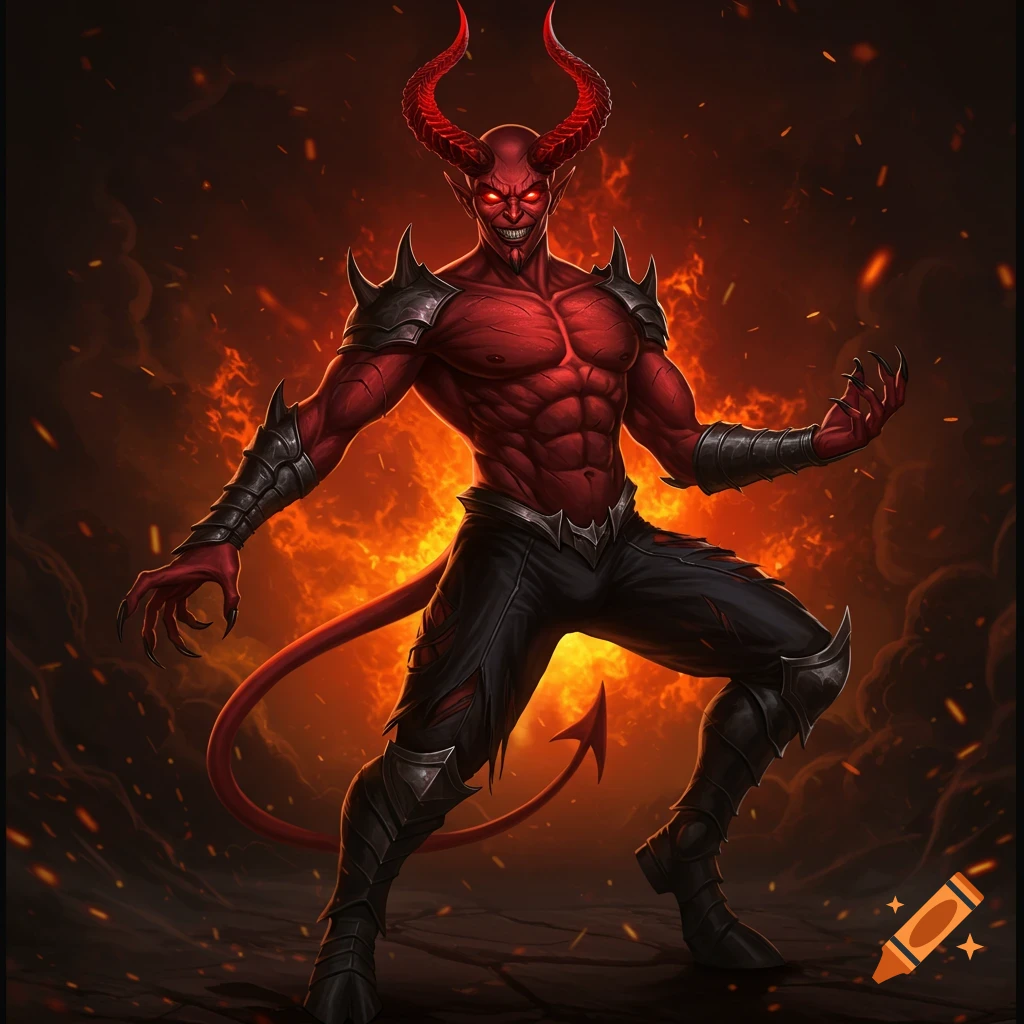 A muscular red devil with glowing eyes and horns stands in front of ...