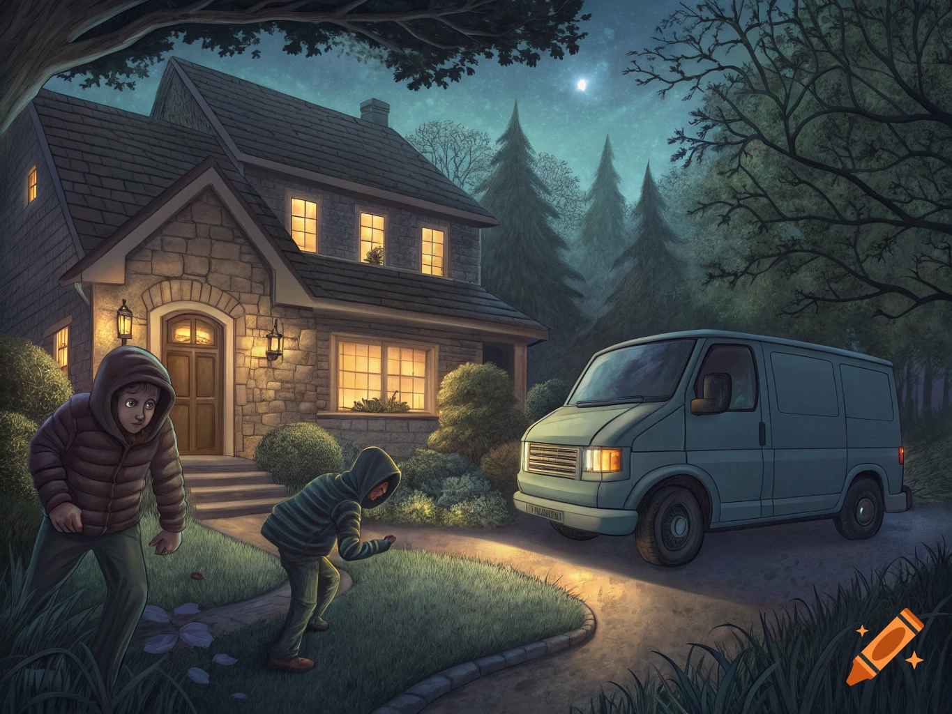 An illustration of two figures, possibly children, creeping near a ...