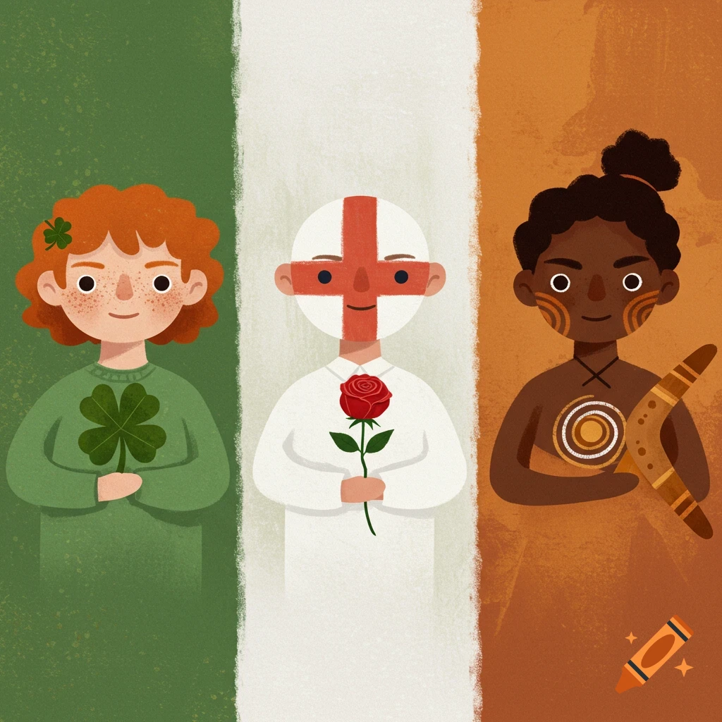 Illustration of three cartoon people representing Irish, English, and ...