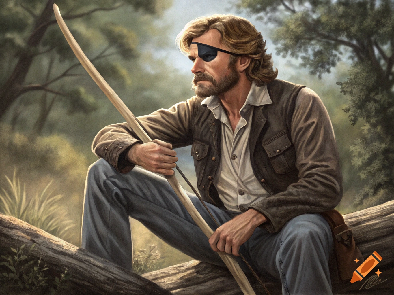 Painting of a man with an eye patch and beard, sitting on a log in a forest, holding a long bow ...