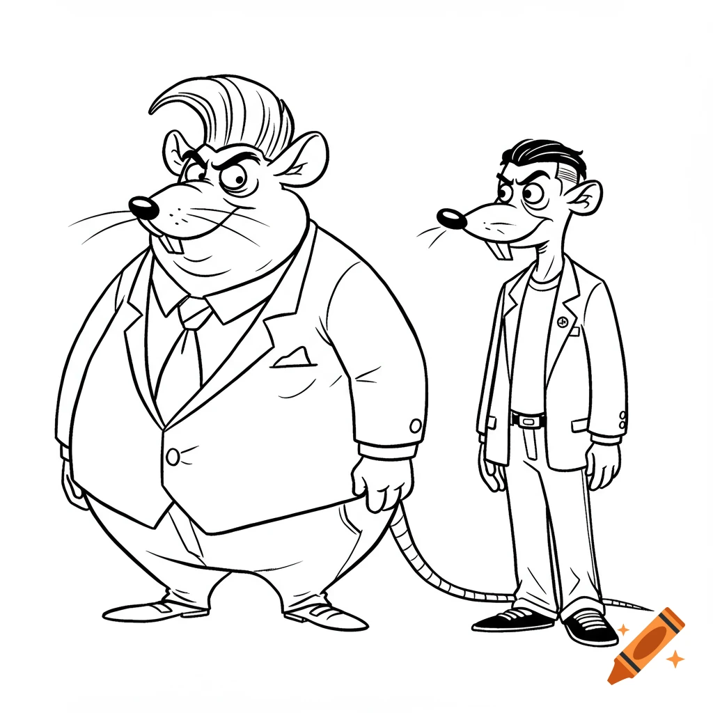 Black and white line drawing of two cartoon rats, one fat in a suit ...