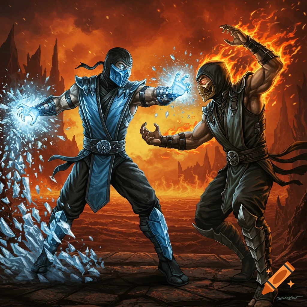 Illustration of Sub-Zero fighting Scorpion with ice and fire powers. on ...