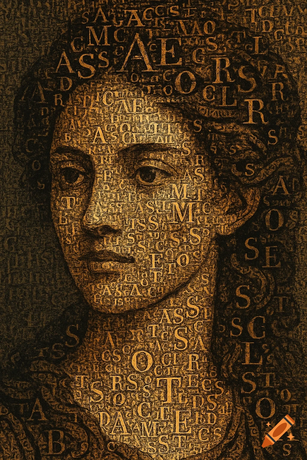 Portrait of a person made entirely from overlapping letters and numbers ...