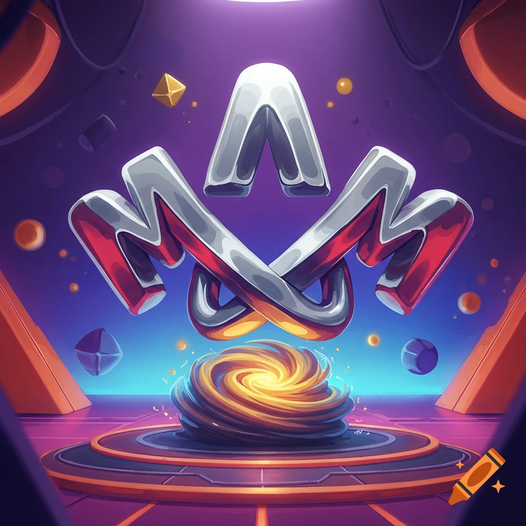 Three shiny metallic M shapes connected above a swirling vortex in a ...