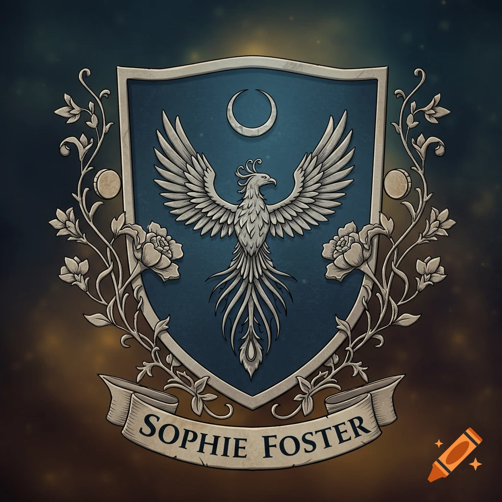 Fantasy coat of arms featuring a phoenix, crescent moon, flowers, and ...