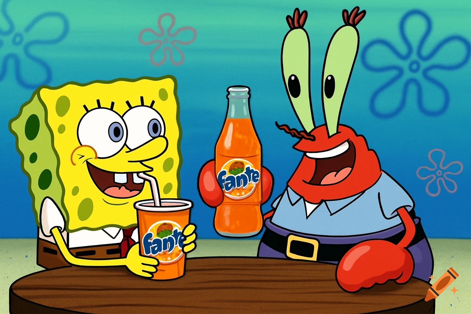 Spongebob and Mr. Krabs drink soda in cartoon style on Craiyon