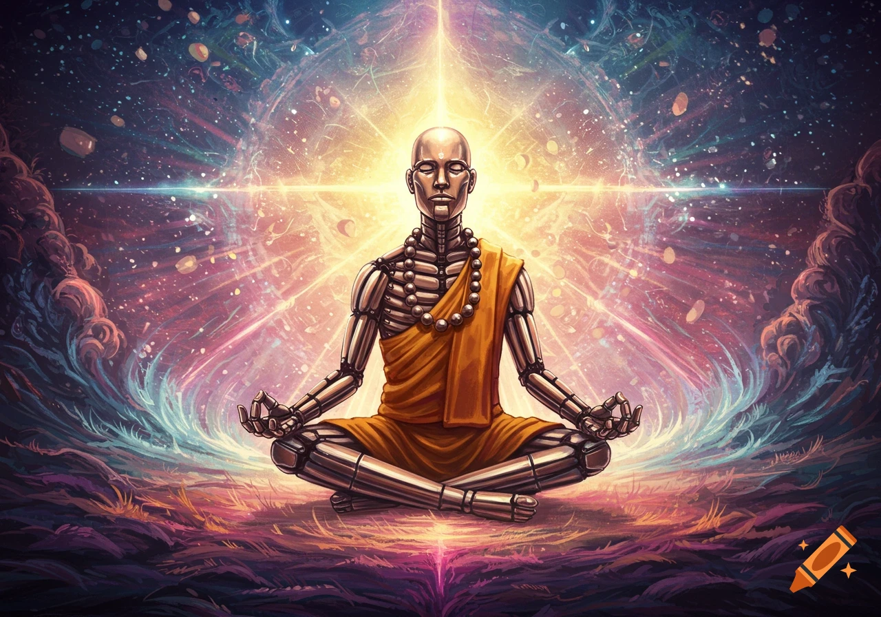 Robot skeleton monk meditating in a cosmic setting on Craiyon