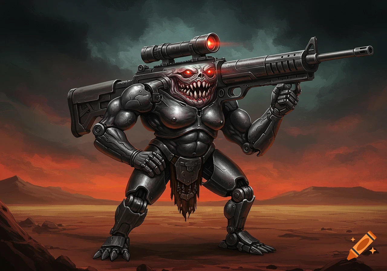 A monstrous creature made of metal and flesh holds a rifle in a desert ...