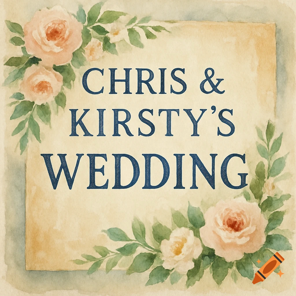 Watercolor sign reading "CHRIS & KIRSTY'S WEDDING" with floral border ...