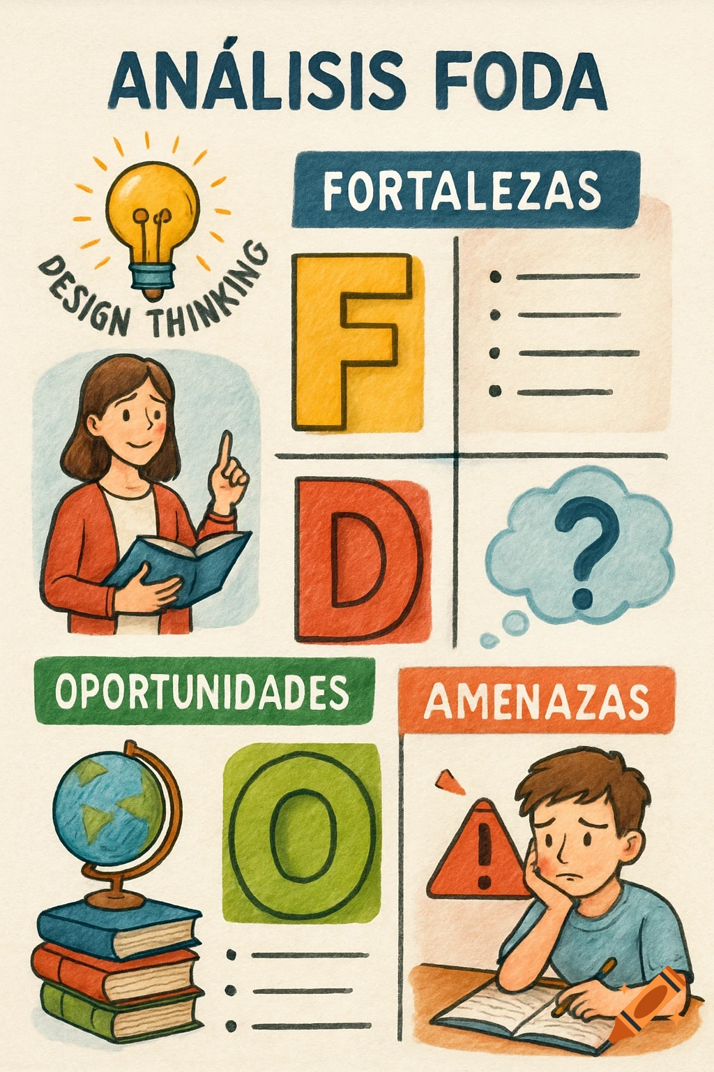 Illustrated diagram explaining SWOT analysis (Análisis FODA) and Design ...