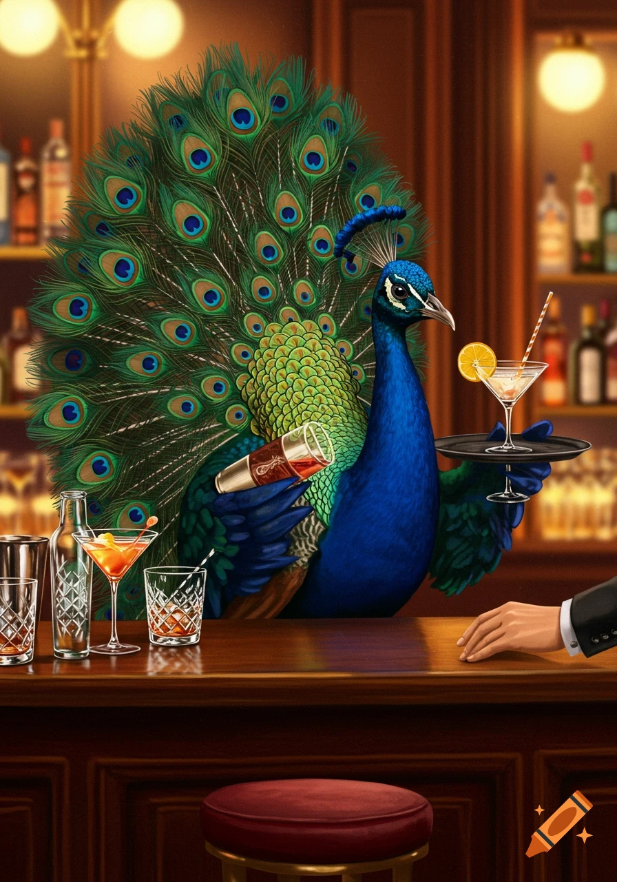 A peacock serves drinks at a bar, holding a tray with a cocktail and a ...