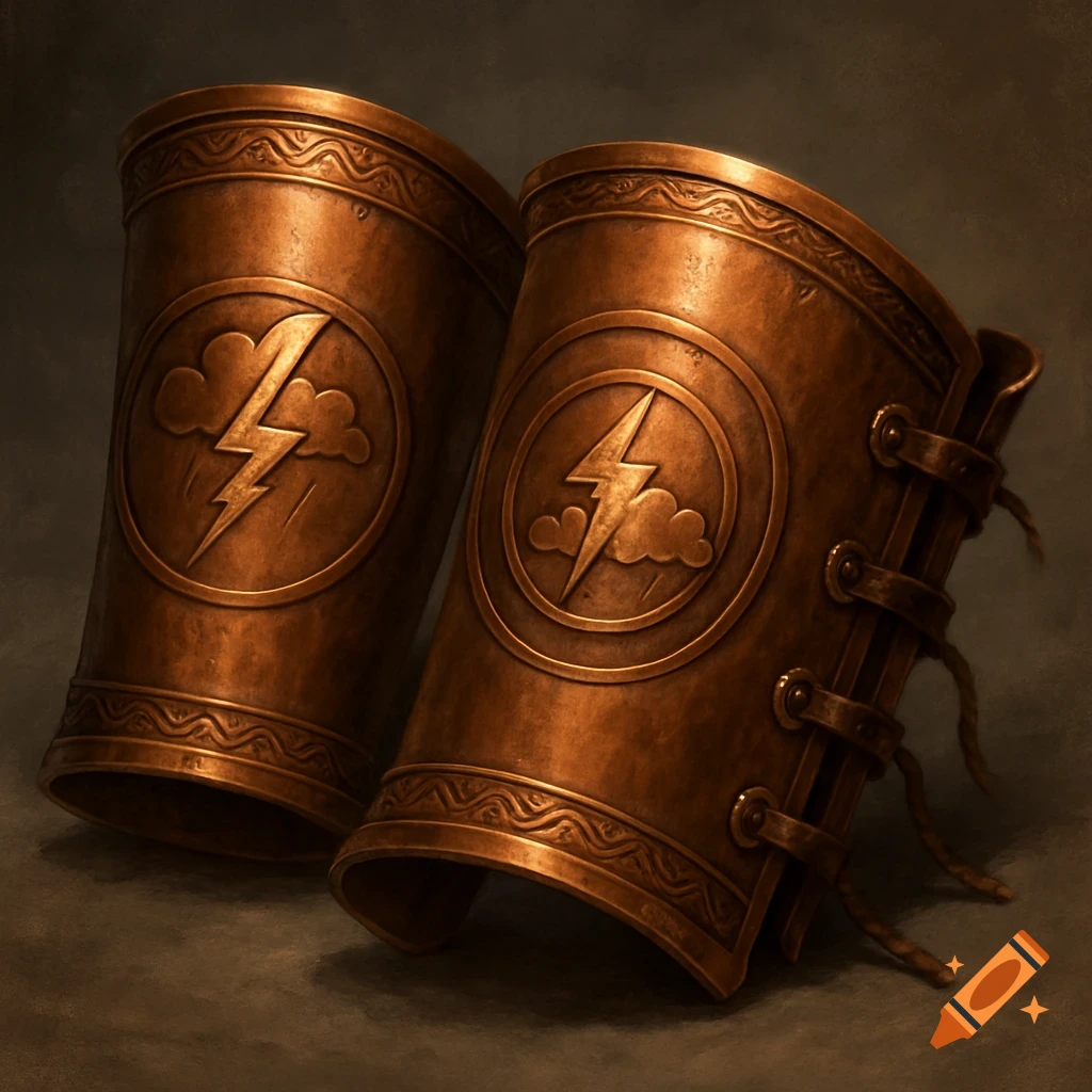 Detailed copper bracers with a lightning bolt and cloud symbol. on Craiyon