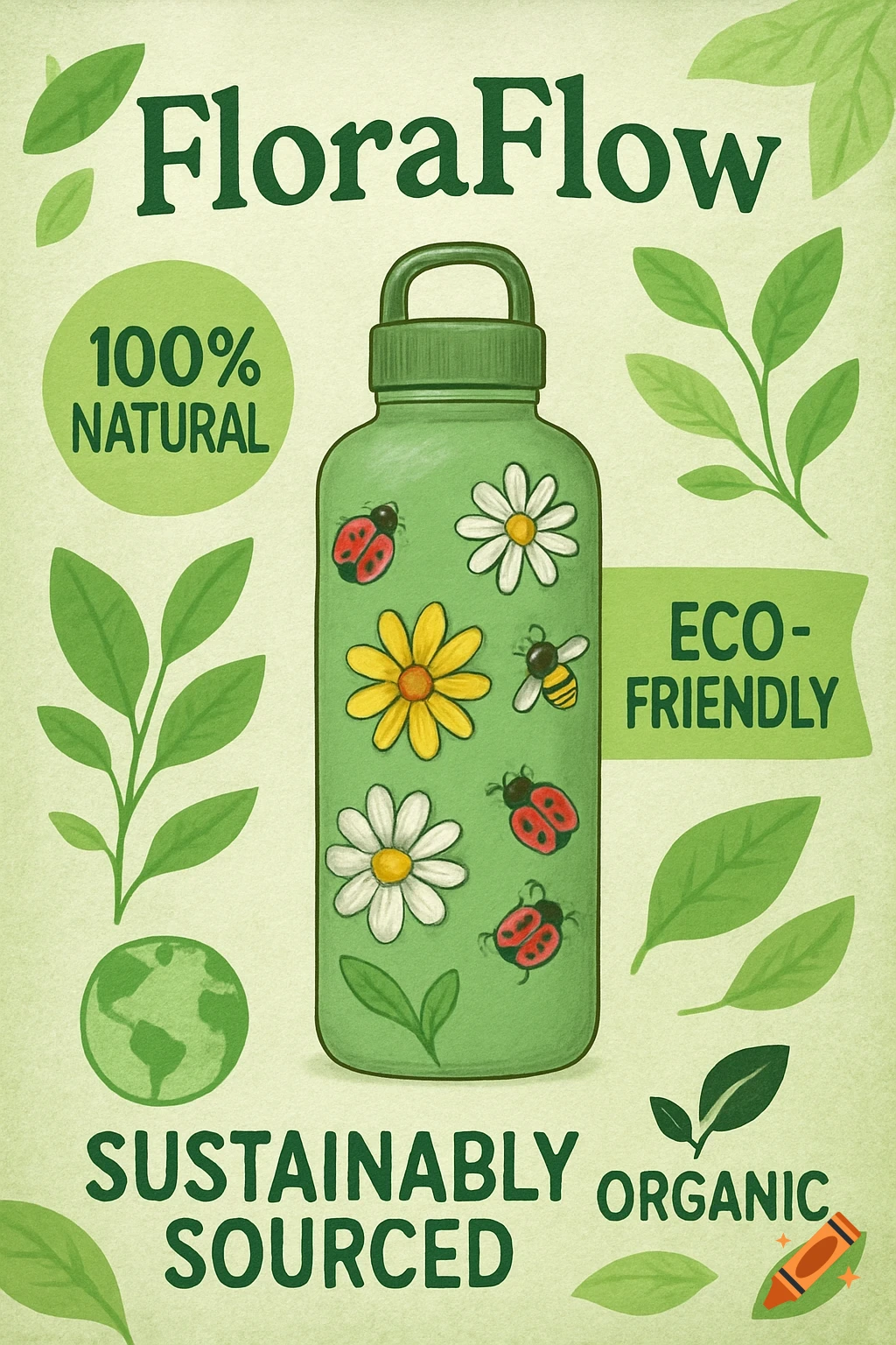 Illustration of a green 'FloraFlow' water bottle poster with text, leaves, flowers, ladybugs ...
