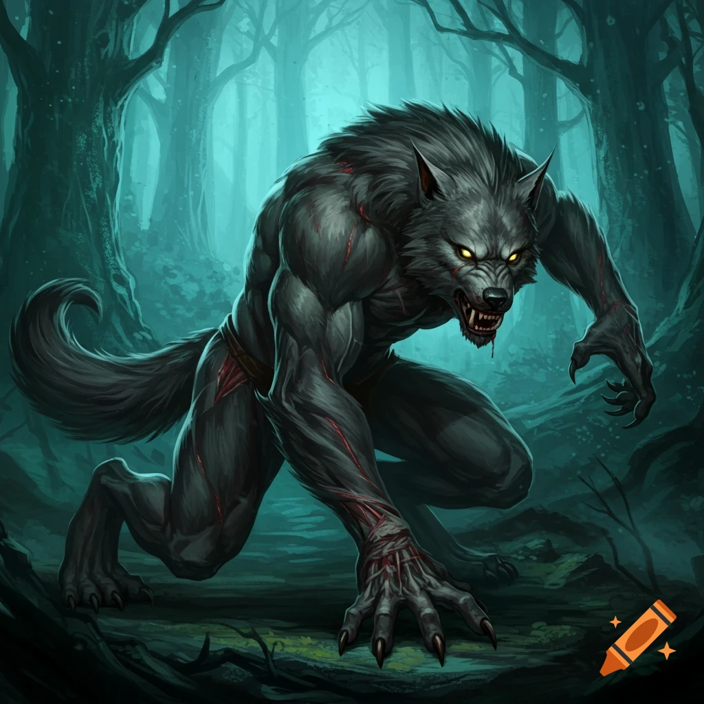 A snarling werewolf on all fours in a dark forest. on Craiyon