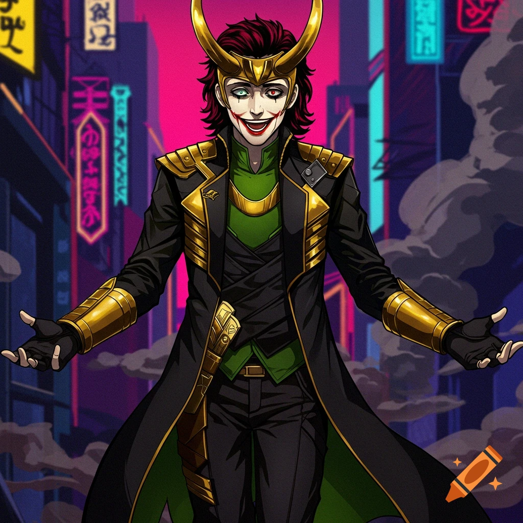 Stylized illustration of Loki with Joker makeup in a cyberpunk city ...