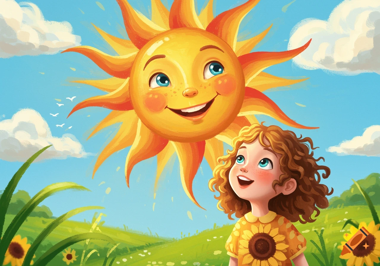 A cartoon sun smiles down at a smiling child in a sunny, green field ...